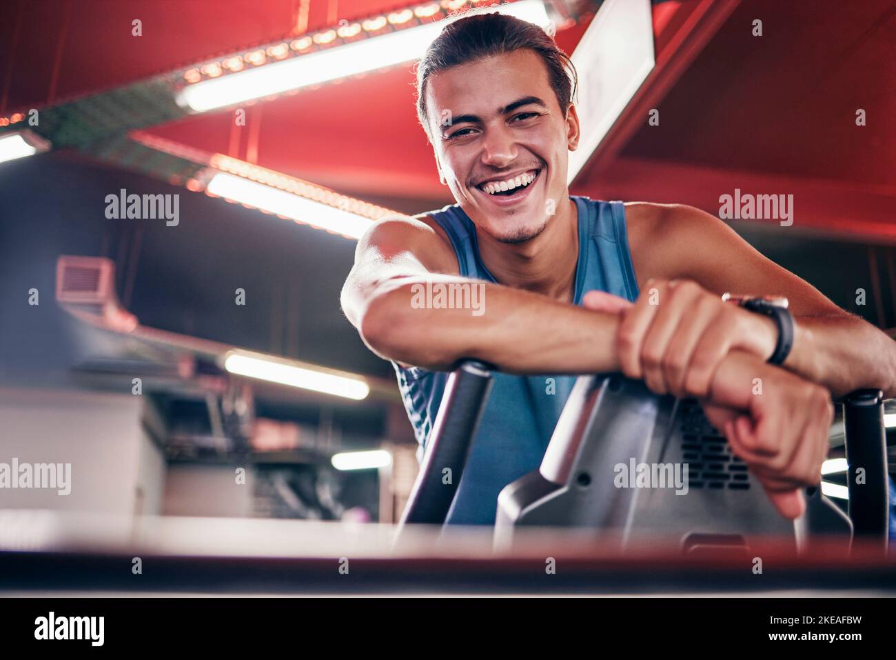Fitness, gym and portrait of happy man with smile after exercise ...