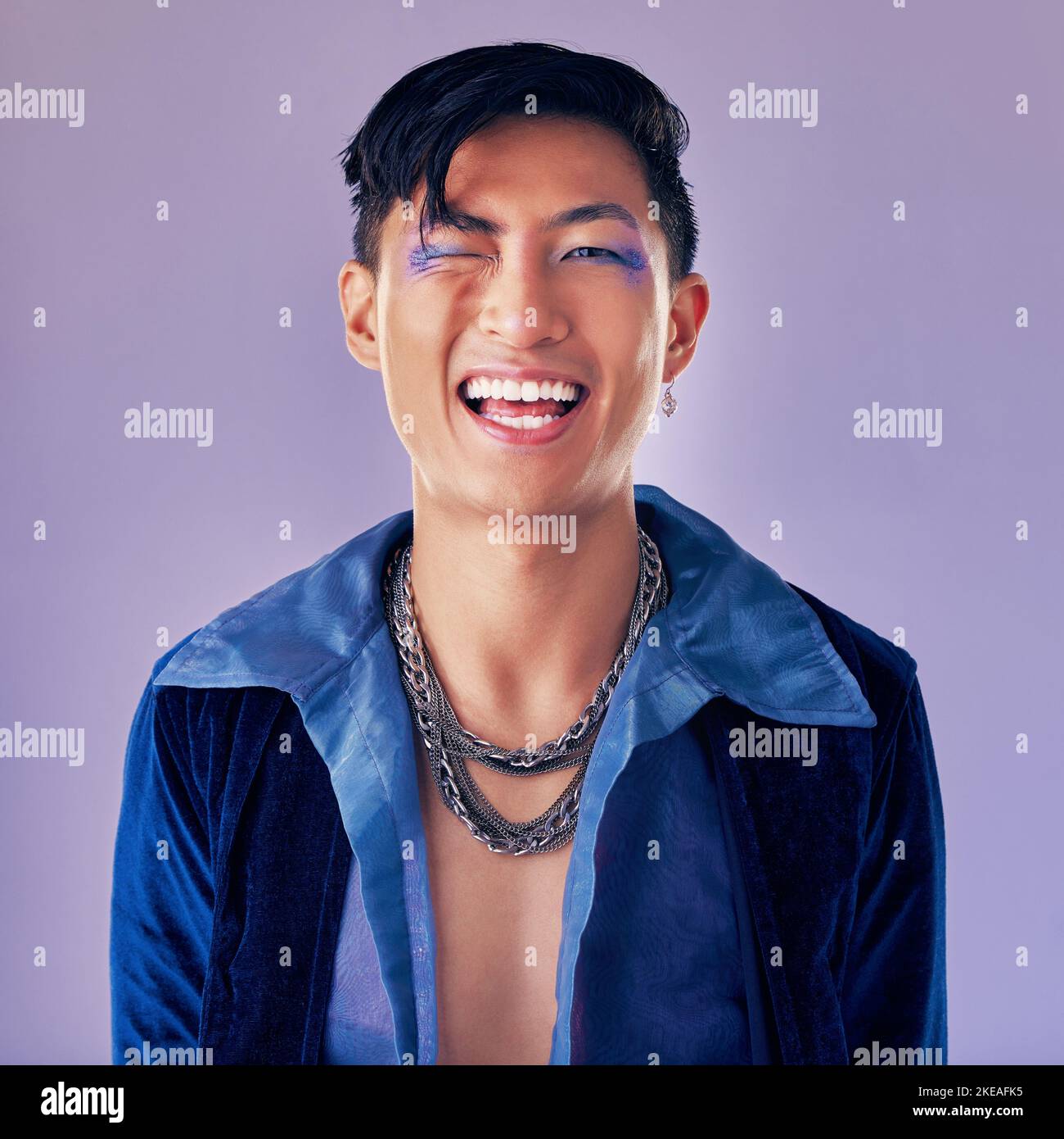 Punk, rock and makeup of a man with a smile for metal music, lifestyle ...