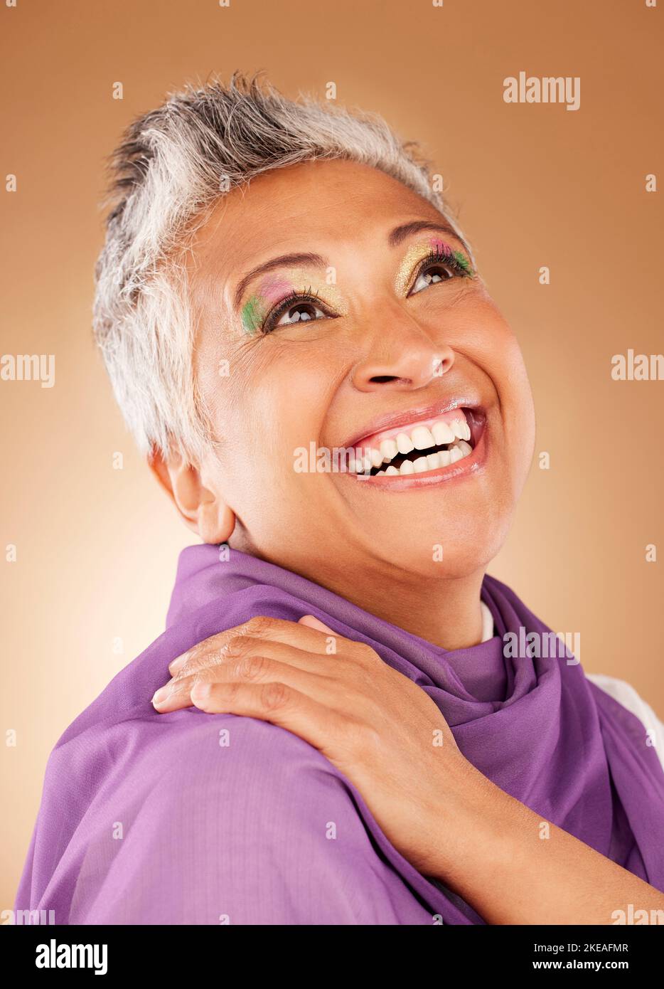 Makeup, funky grandma with smile on face and trendy fashion style on ...