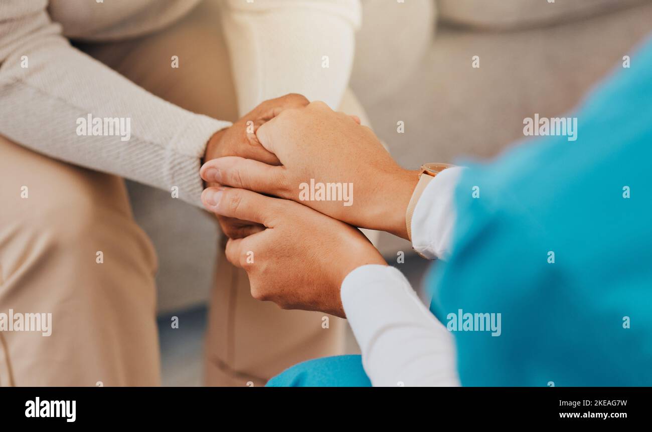 Holding hands, support and empathy with nurse and patient for trust ...