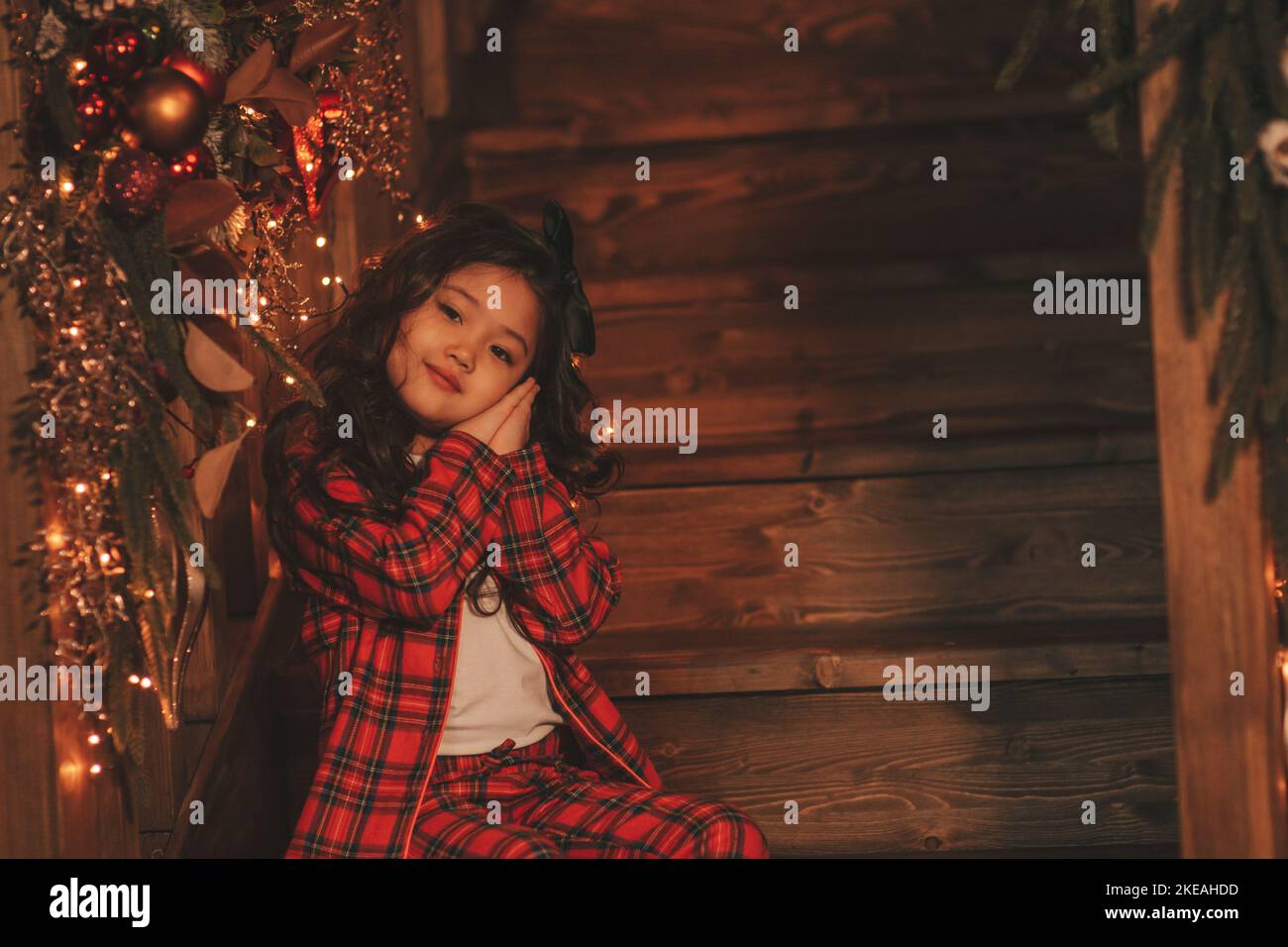 Happy japan little girl dreamer waiting miracle from Santa posing on ...