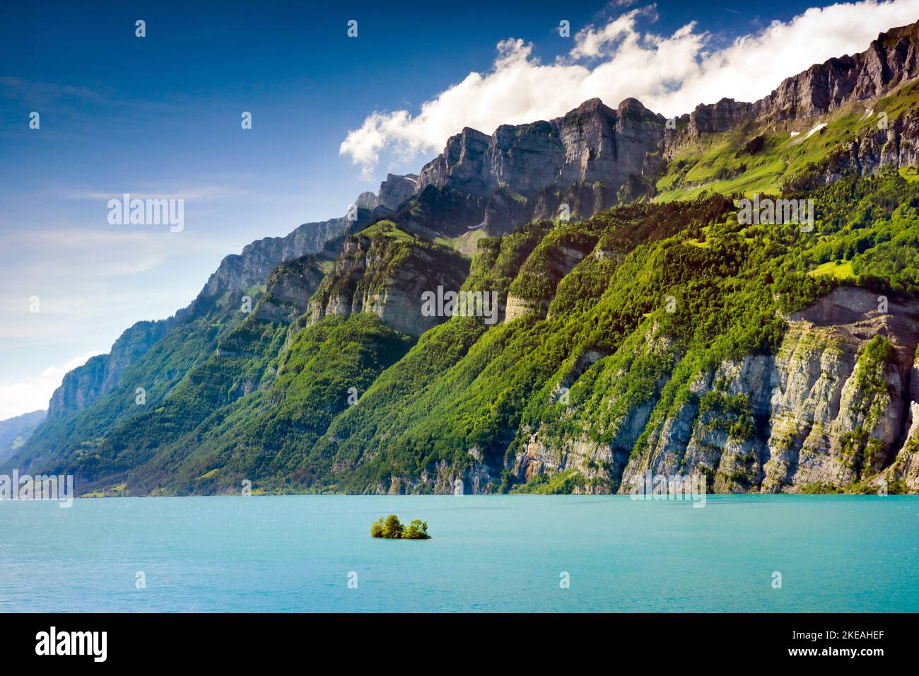 View over Lake Walen with the small island and massifs Schaeren and ...