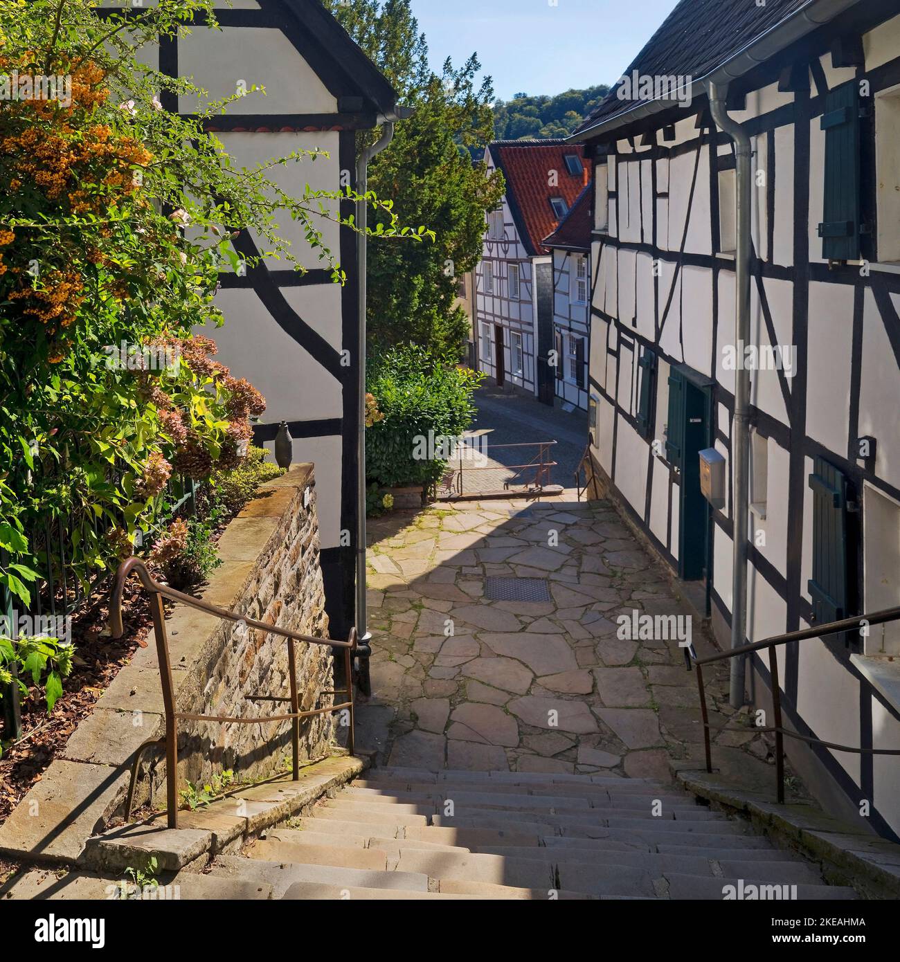 half-timbered houses on the church steps in Kettwig, historic old town ...