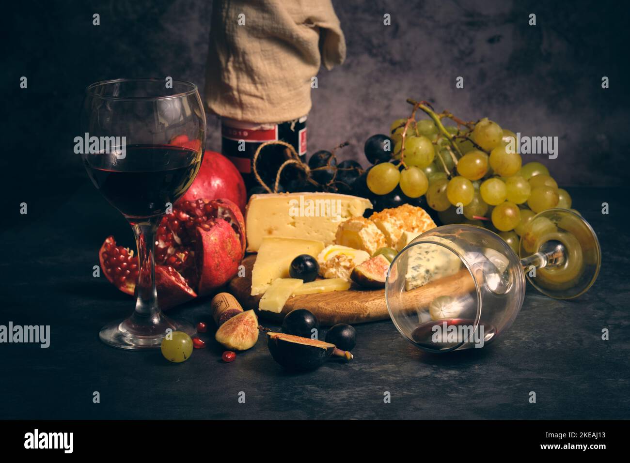 still life wine different cheeses and fruits Stock Photo - Alamy