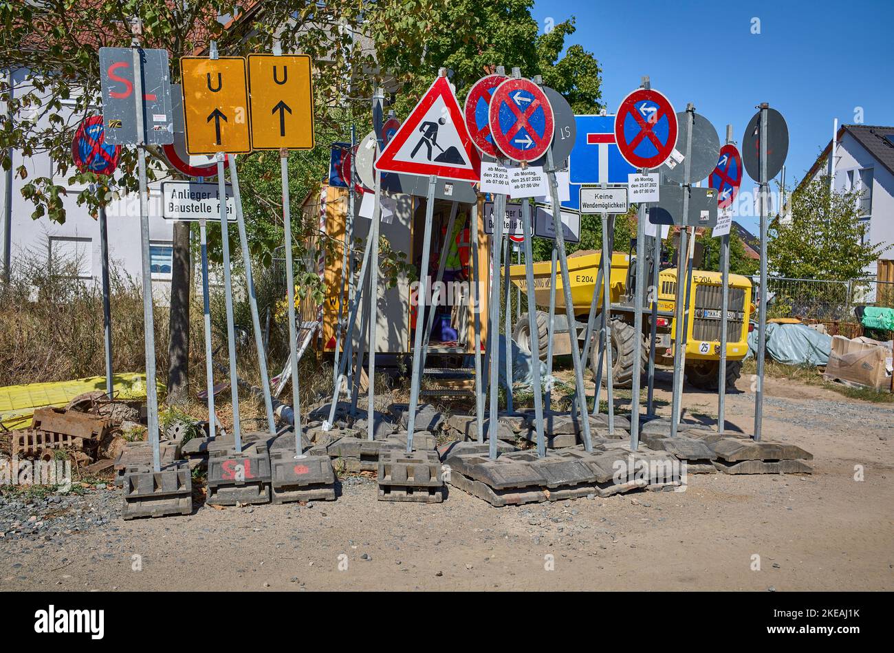 forest of traffic signs at a major construction site, Germany Stock ...
