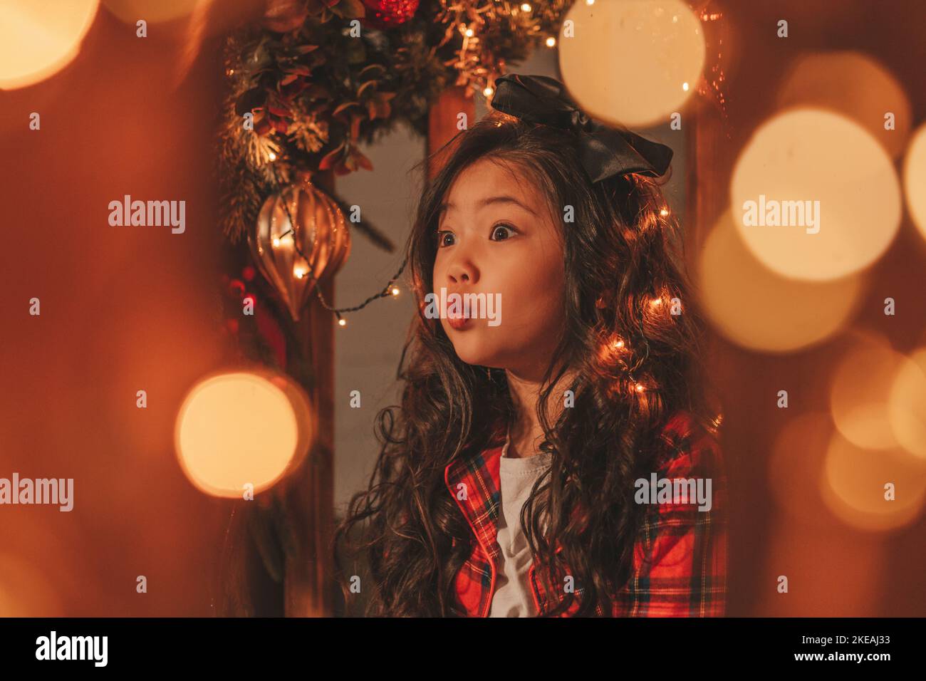 Happy japan little girl dreamer waiting miracle from Santa posing on ...