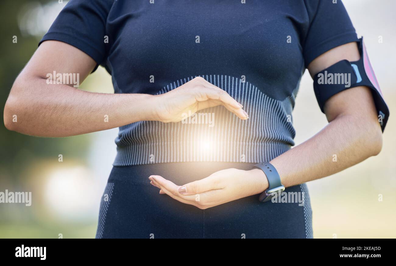 Fitness, health and light hologram in hands to show healthy wellness ...