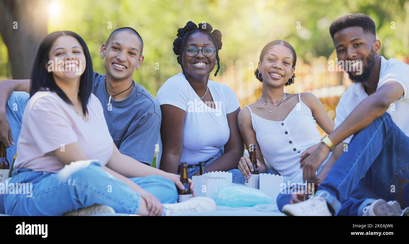 Relax, summer and picnic with friends in park with beer for bonding ...