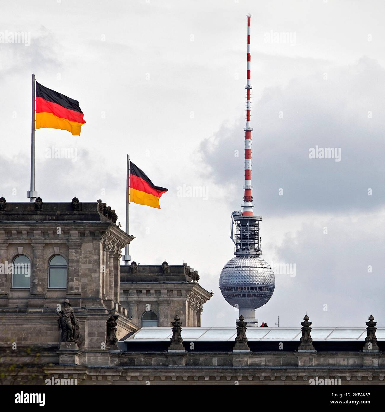 Reichstag, detail with German flags and TV tower, German Bundestag ...