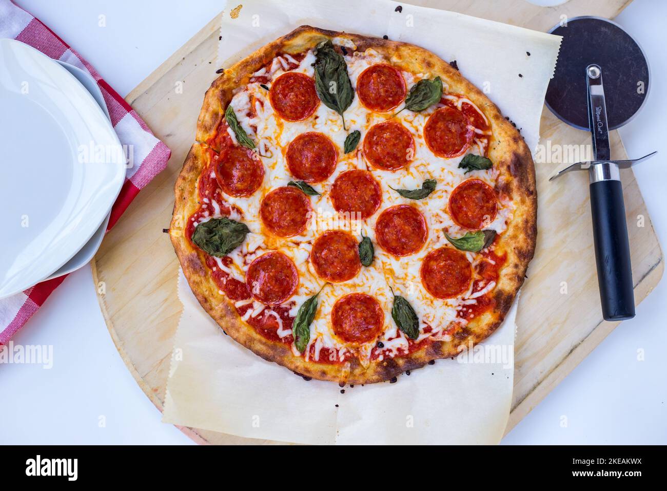 A Top view of tasty pepperoni pizza Stock Photo - Alamy