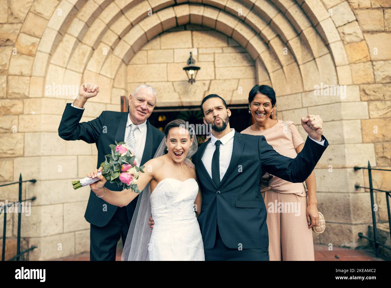 Wedding, couple and family in marriage celebration for commitment ...