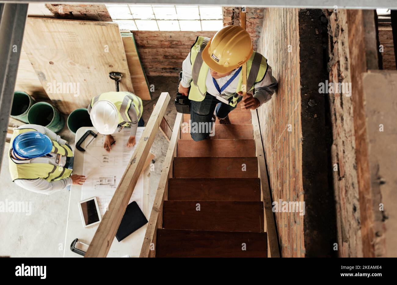 Top view, construction and steps with builder, engineer and.team ...