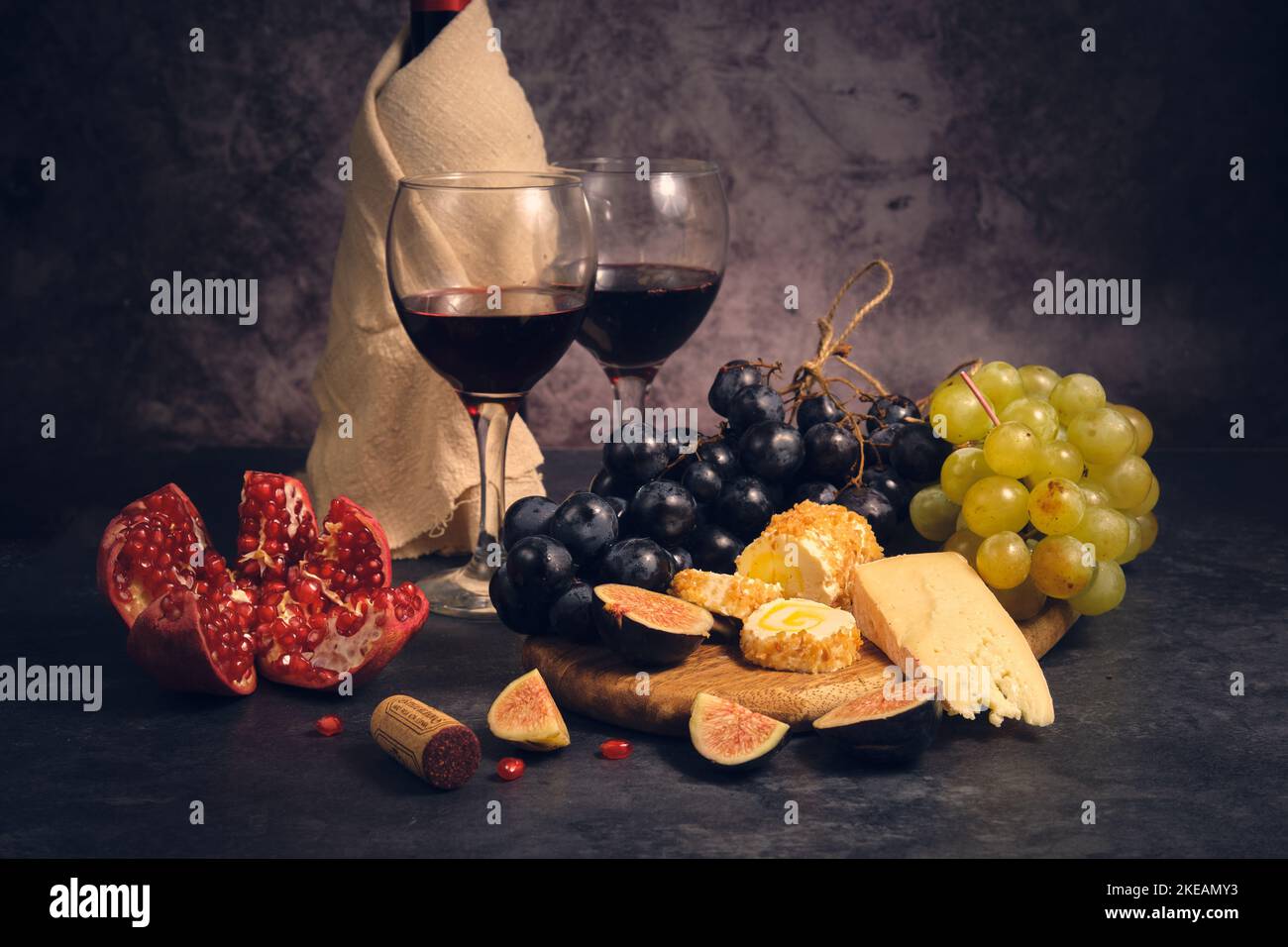 still life wine different cheeses and fruits Stock Photo - Alamy