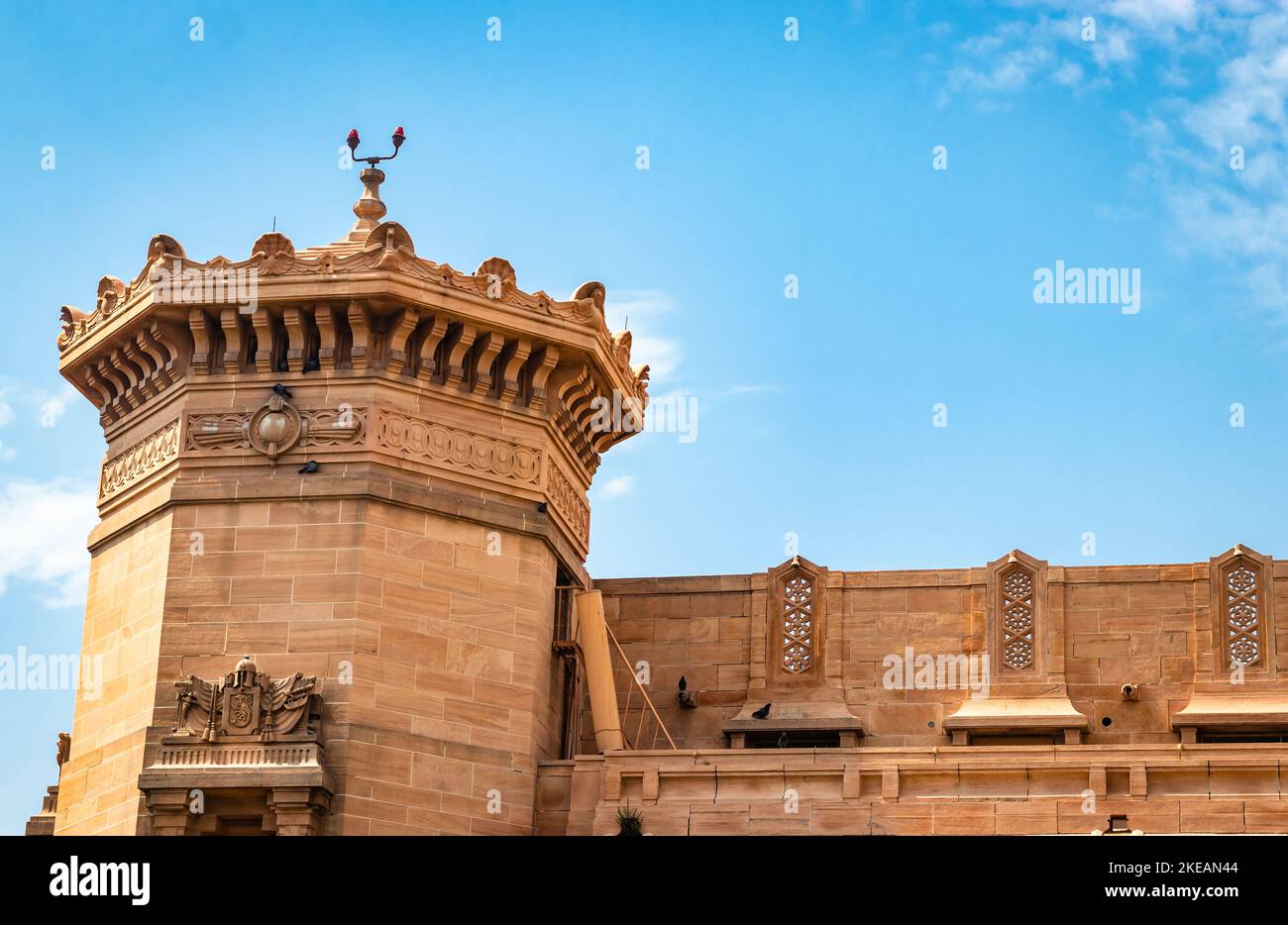 vintage king place tower with bright blue sky from flat angle image is ...