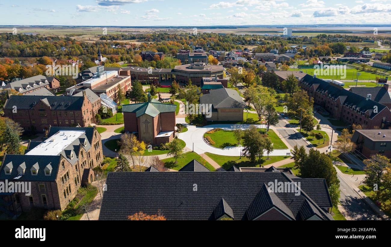 An aerial drone photo of the Mount Allison University Campus and all ...