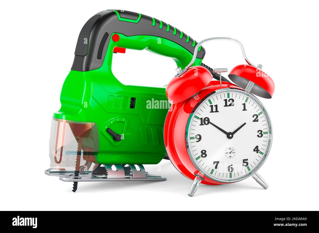 Jigsaw power with alarm clock, 3D rendering isolated on white ...