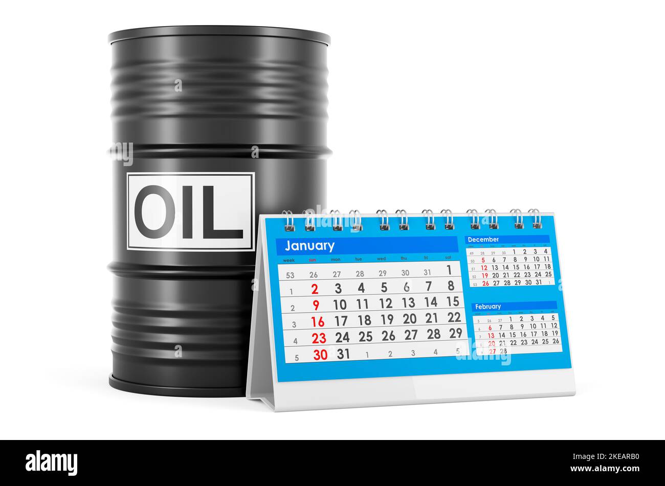 Desk calendar with oil barrel, 3D rendering isolated on white ...