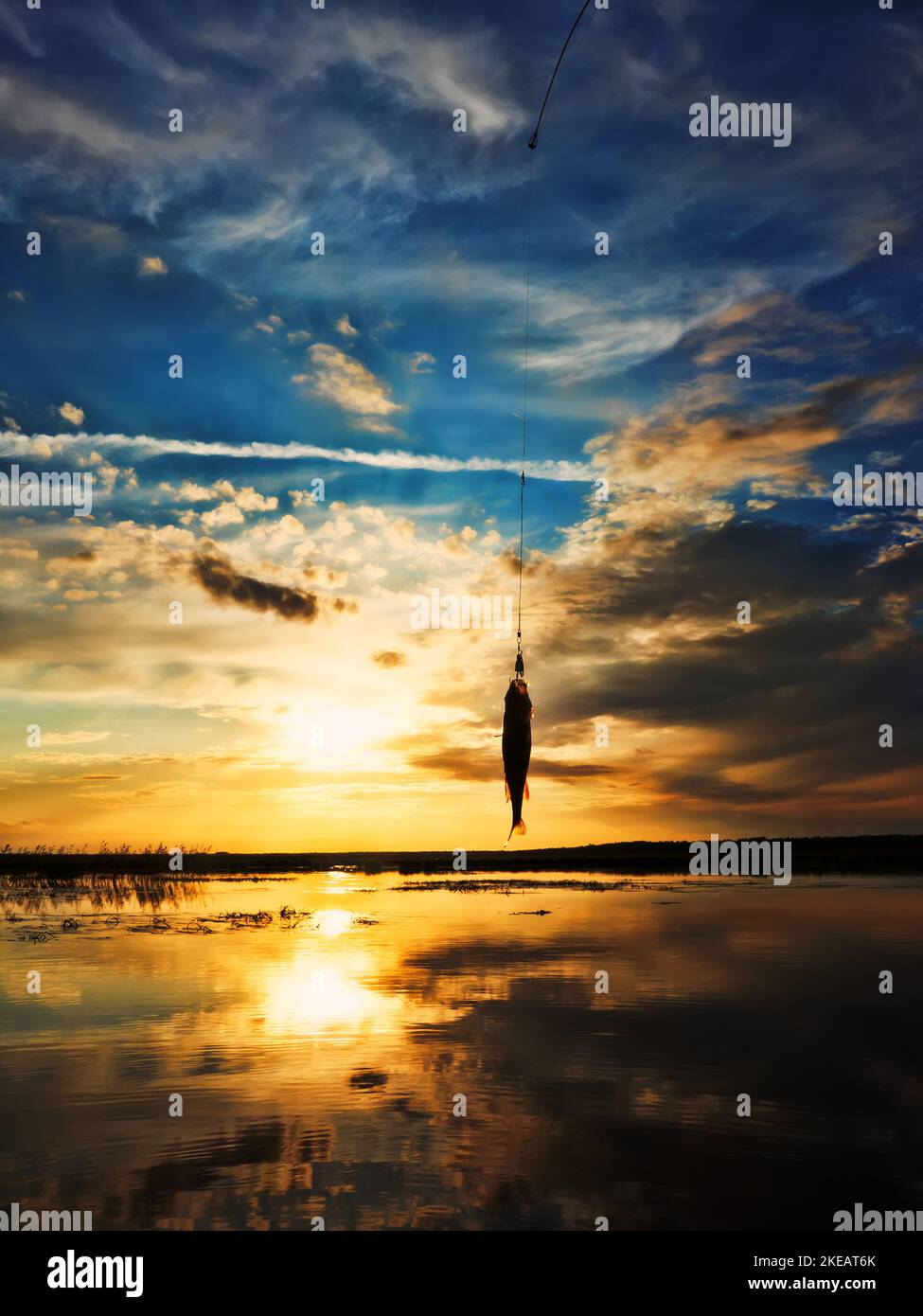 Fishing at sunset. Catching predatory fish on spinning. Sunset colors ...