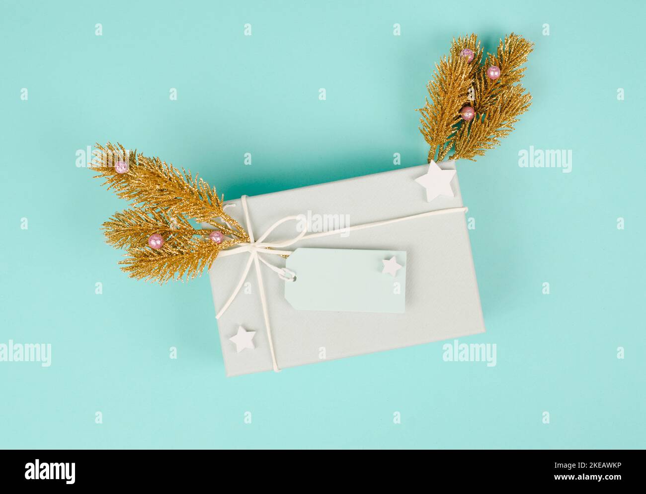 Present box with a blank tag, golden fir branches, christmas holiday ...