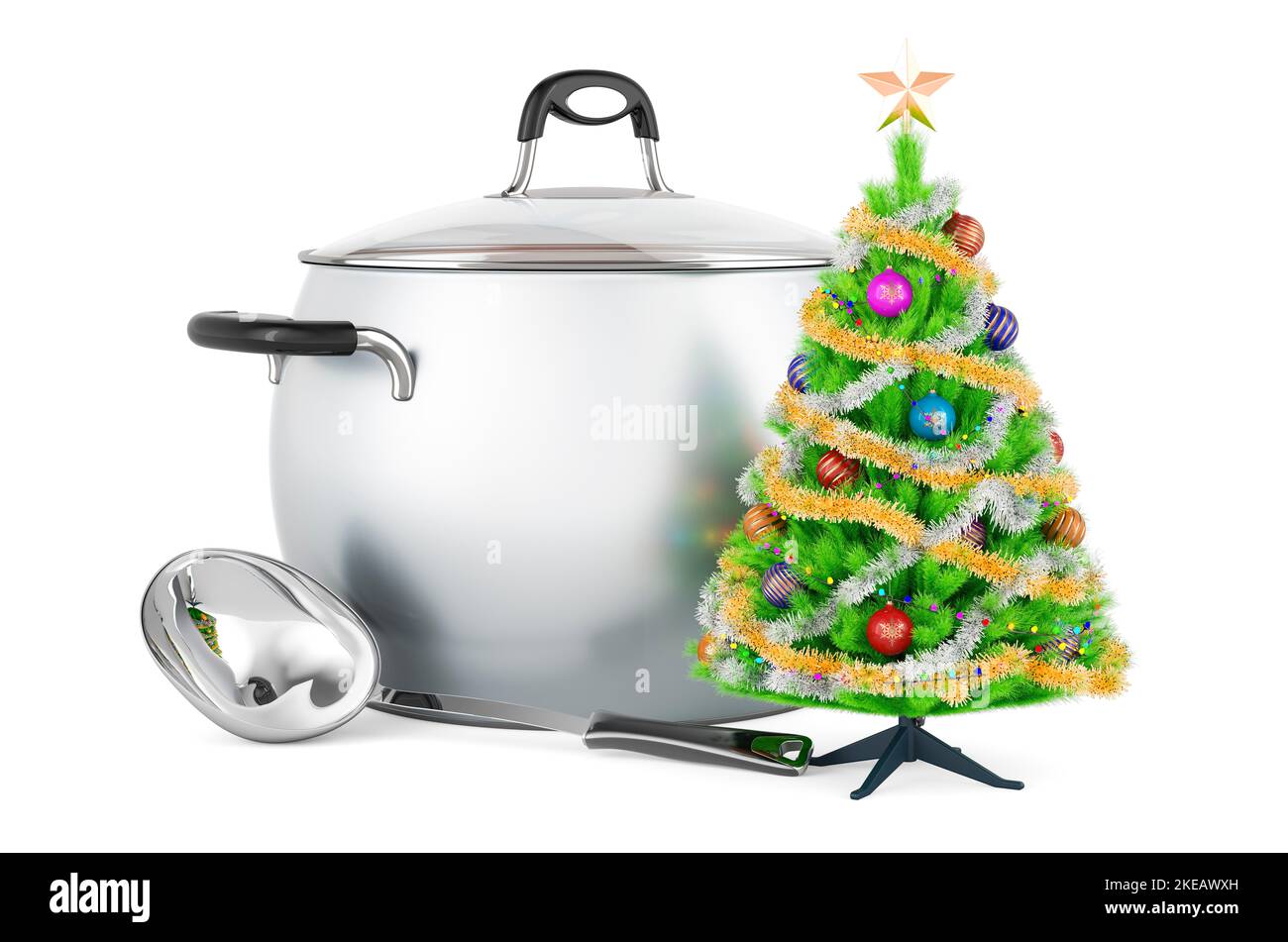 Christmas cooking concept, Steel stock pot with Christmas tree. 3D ...