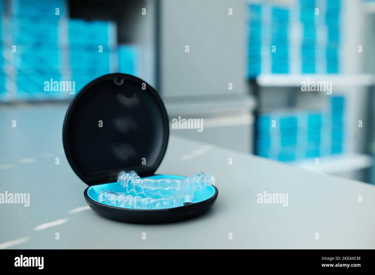 Two invisible dental aligners in the personal box. Orthodontic plastic ...