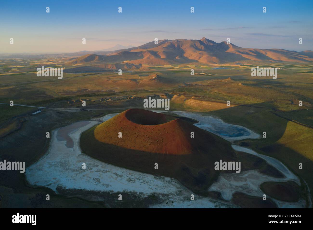 Aerial landscape of Meke Crater in Turkey. Stunned view of green valley ...