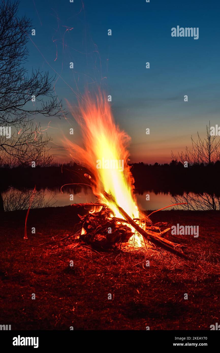 Night summer scenery by the lake. Beautiful large fire on the beach ...