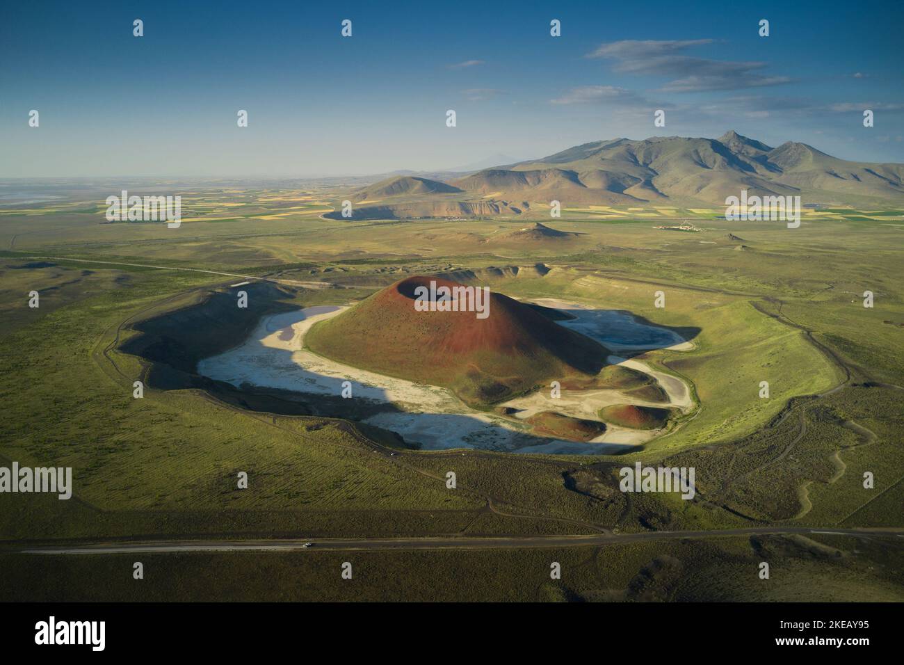 Aerial landscape of Meke Crater in Turkey. Stunned view of green valley ...