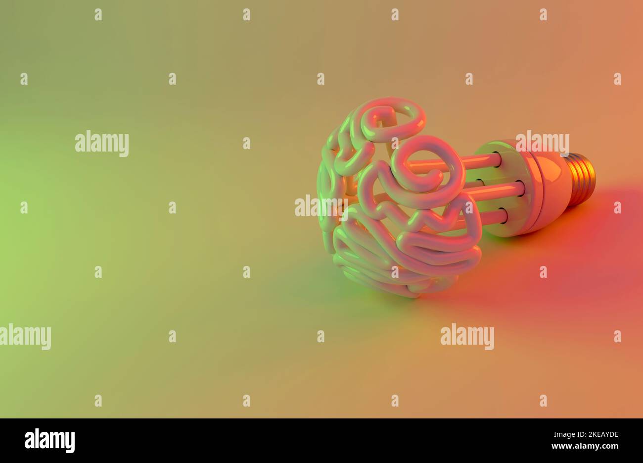 An unlit fluorescent light bulb in the shape of a stylized brain on an ...