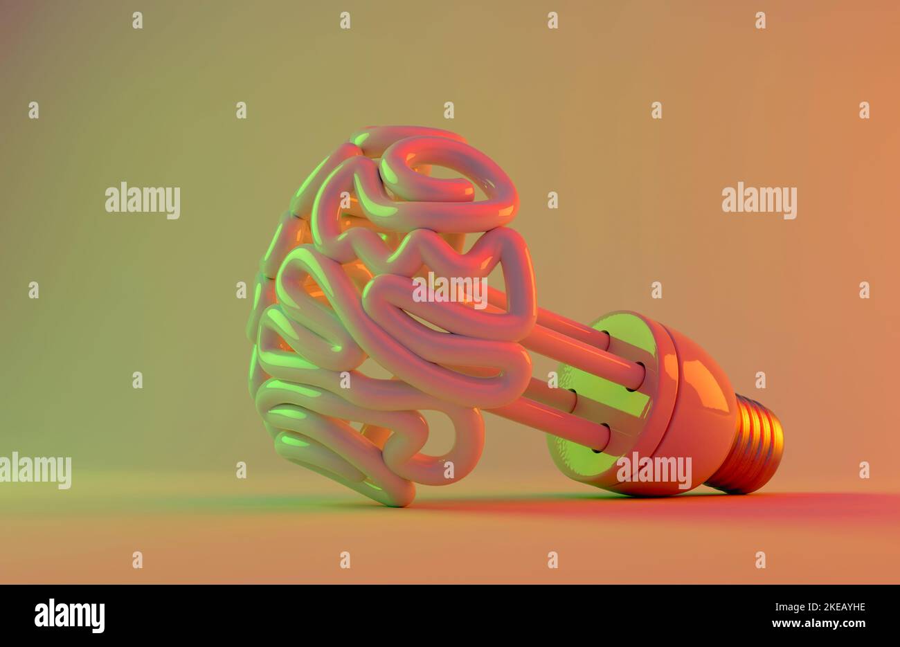 An unlit fluorescent light bulb in the shape of a stylized brain on an ...