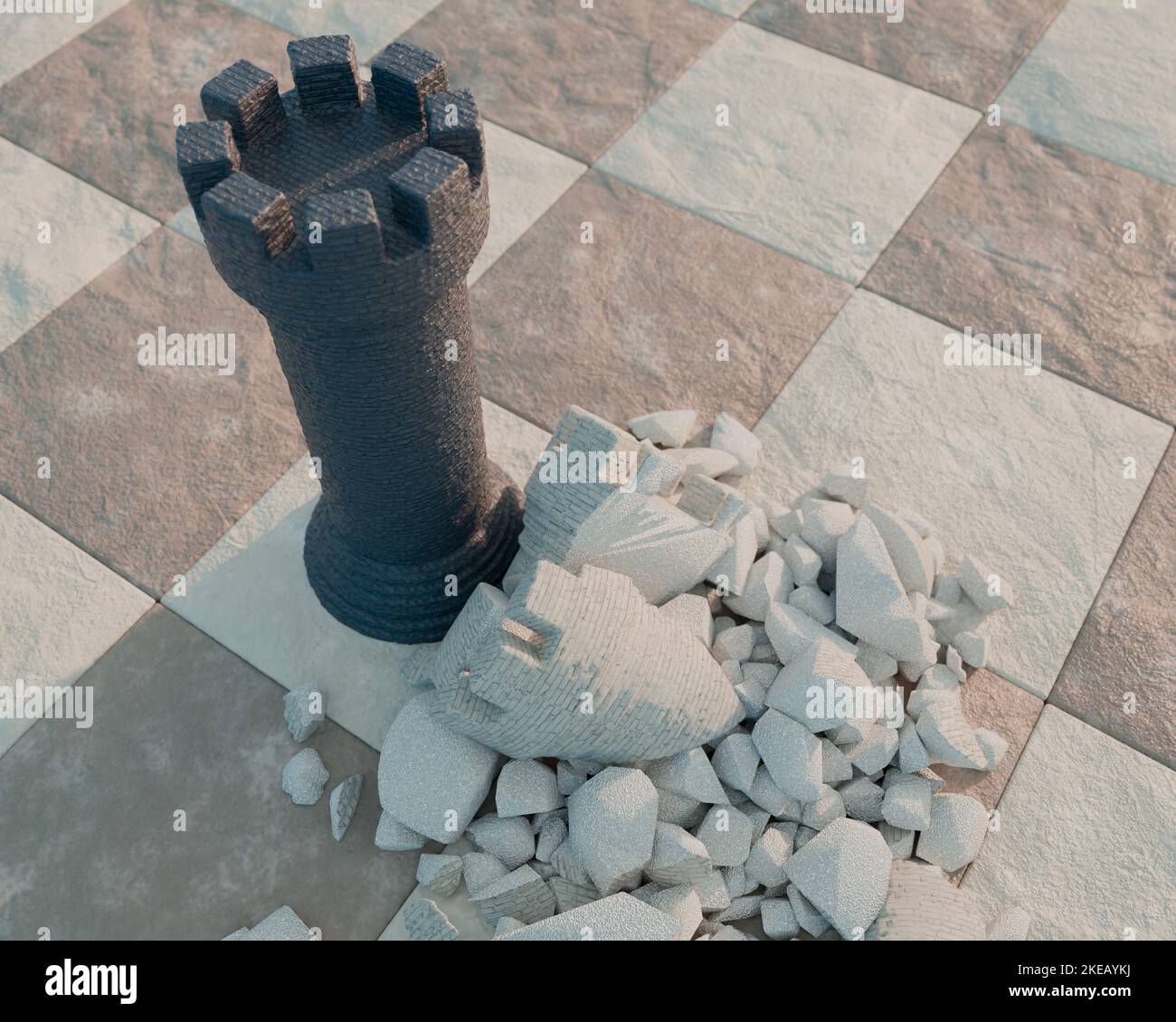 A black chess castle opposing a destroyed white castle on a chess board ...