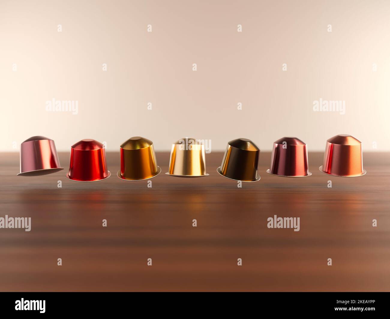 A closeup view of a row of colorful instant espresso coffee capsule ...
