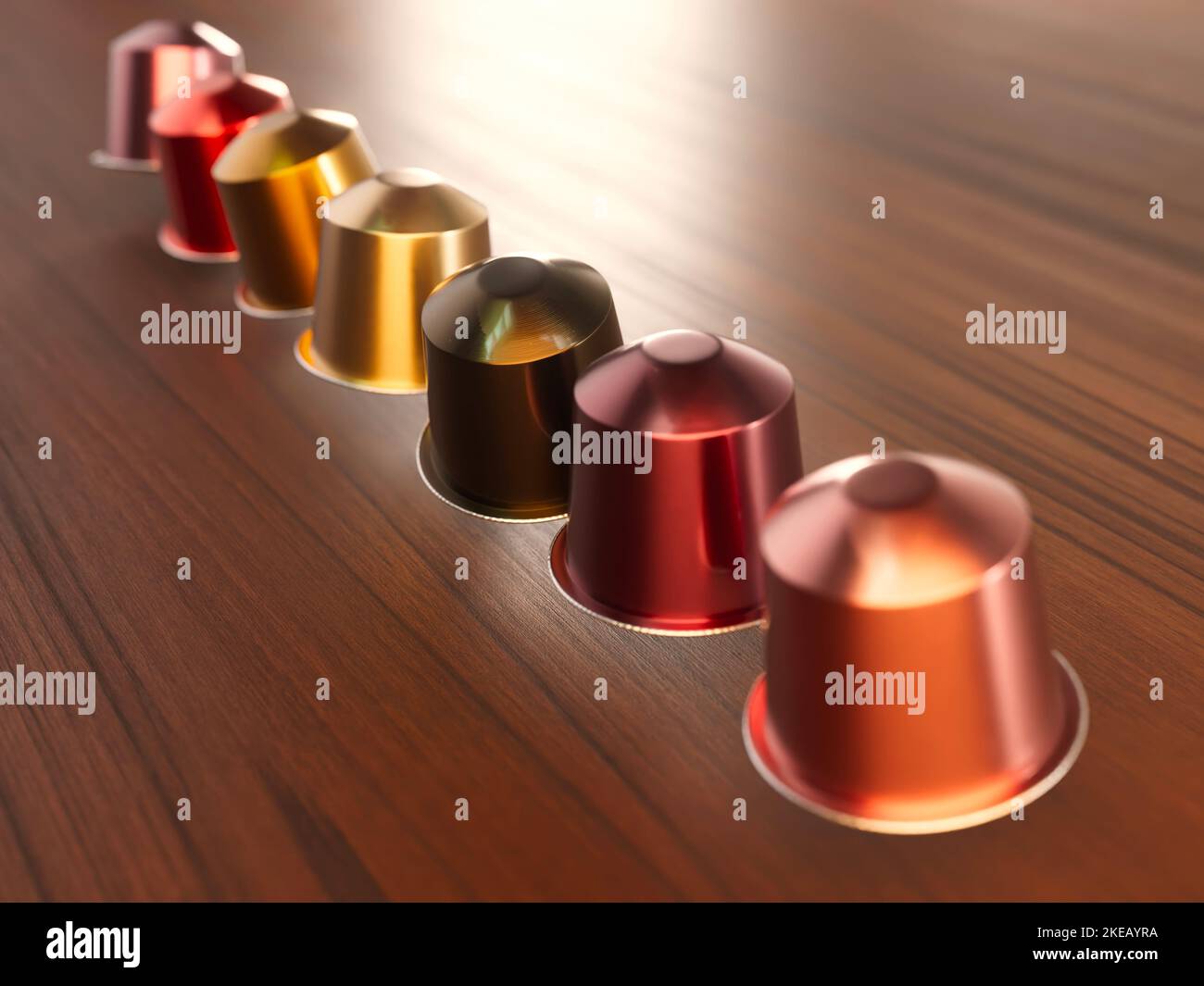 A closeup view of a row of colorful instant espresso coffee capsule ...