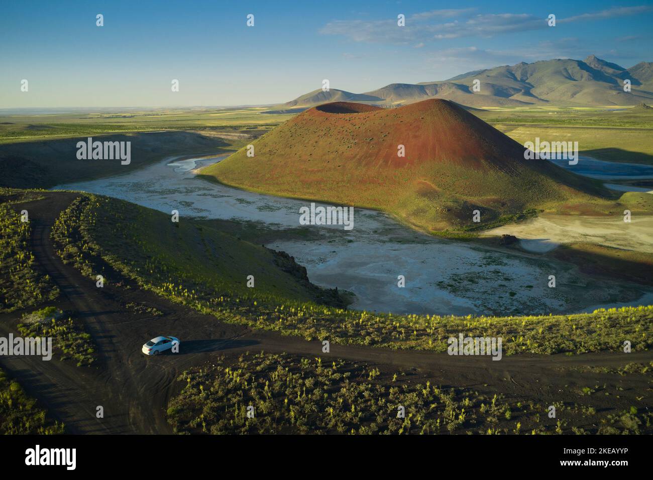 Aerial landscape of Meke Crater in Turkey. View of green valley with ...