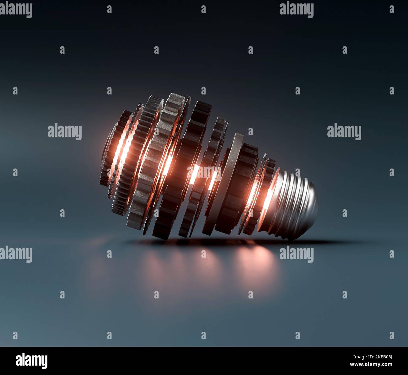 A lightbulb concept made from metal cogwheels and a central neon ...