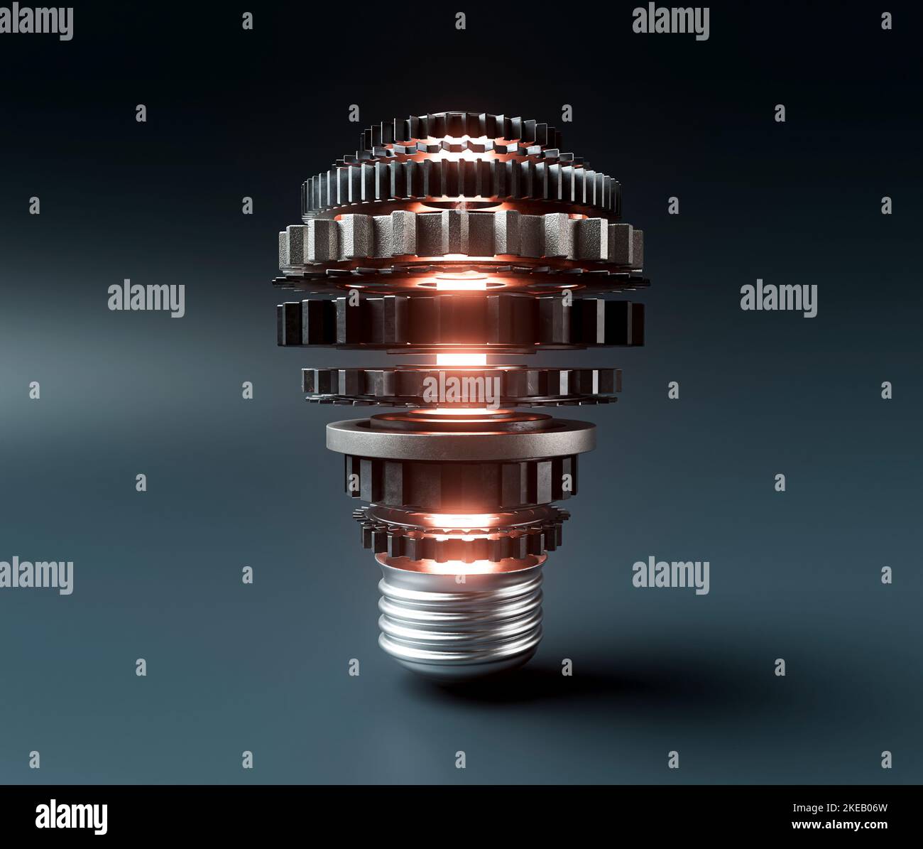 A lightbulb concept made from metal cogwheels and a central neon ...