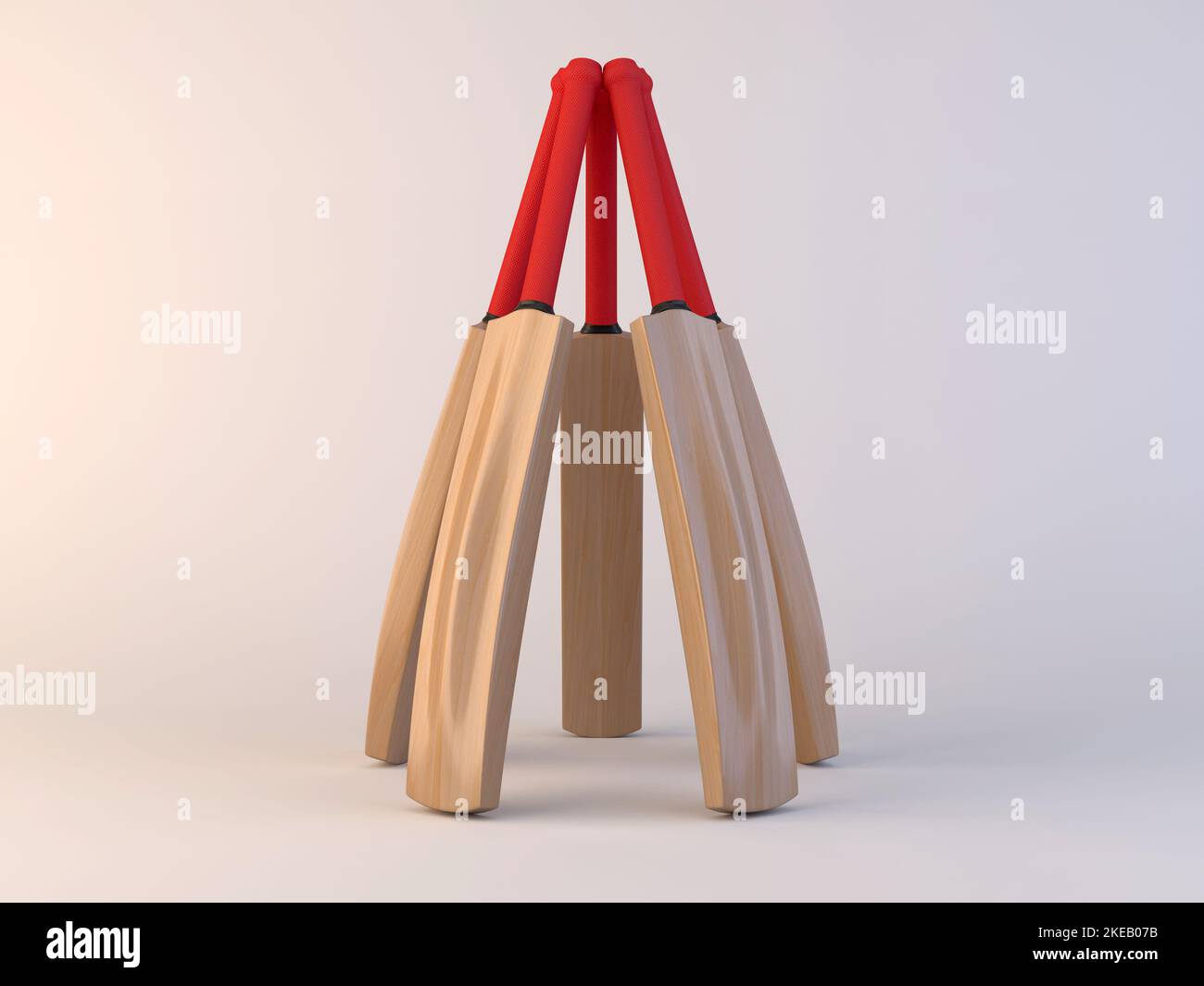 A circular array of generic cricket bats with red handles on an ...