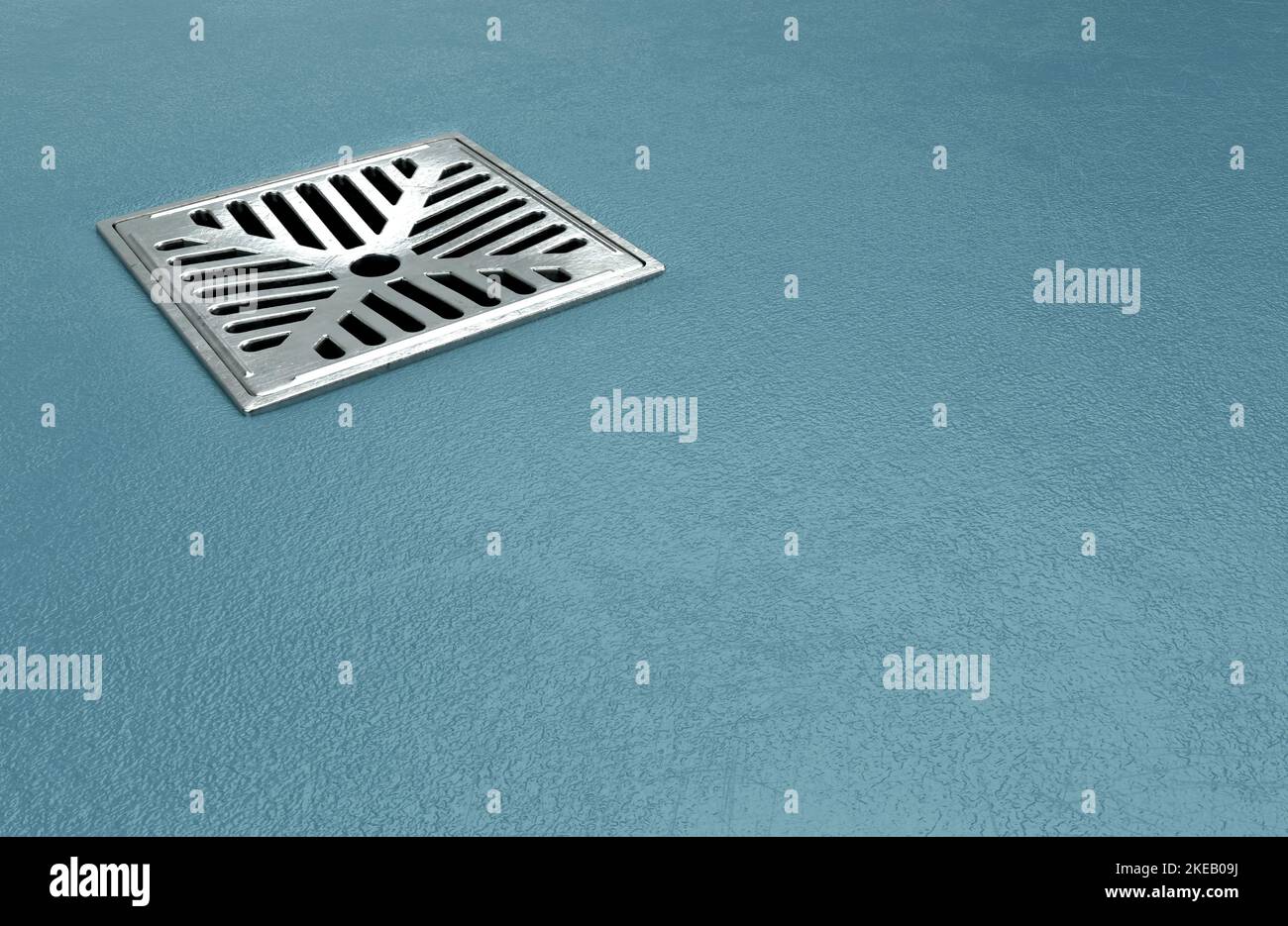 A closeup of a square chrome drain set in on a blue floor surface - 3D ...
