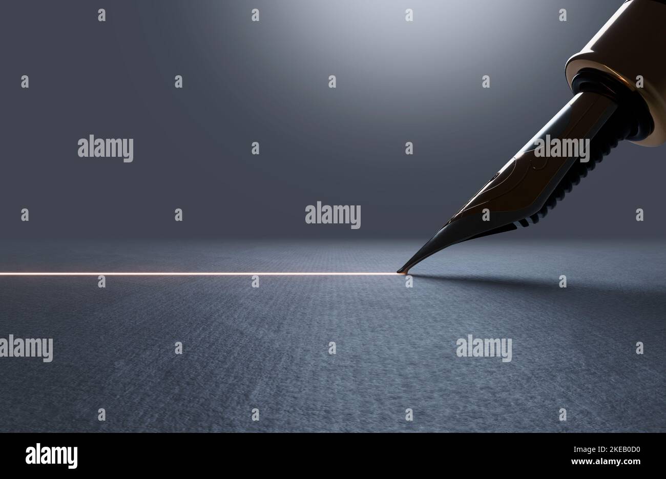 A closeup view of an ornate fountain pen drawing a straight illuminated ...