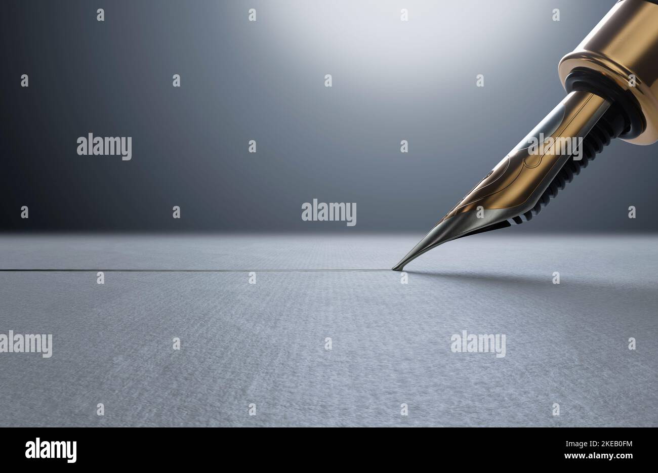 A closeup view of an ornate fountain pen drawing a straight ink line on ...