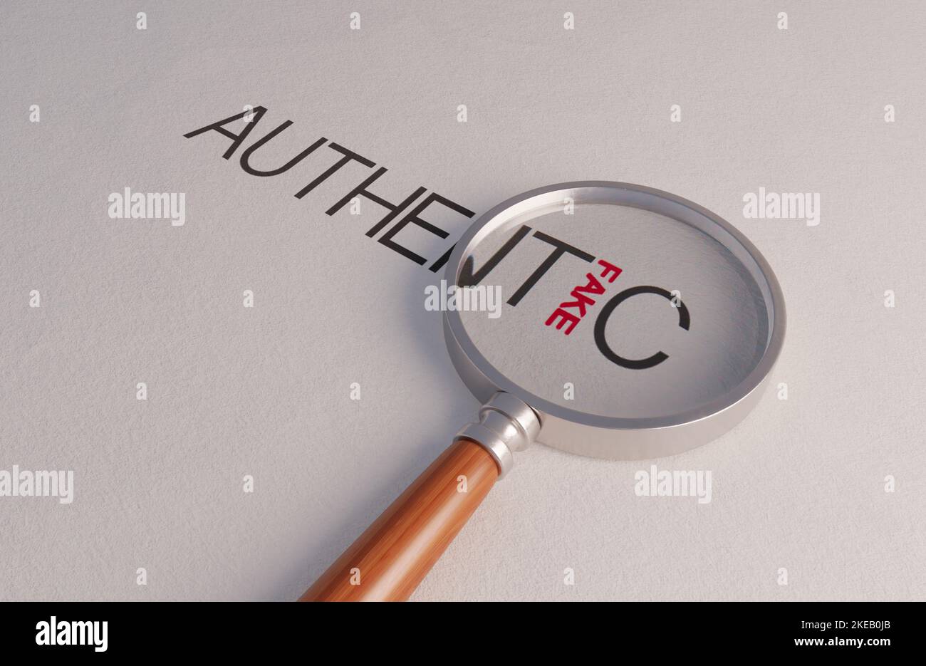 A counterfeit concept of a magnifying glass on a textured white surface ...