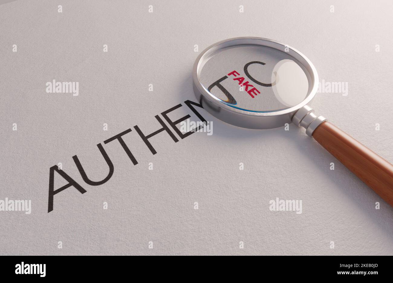 A counterfeit concept of a magnifying glass on a textured white surface ...
