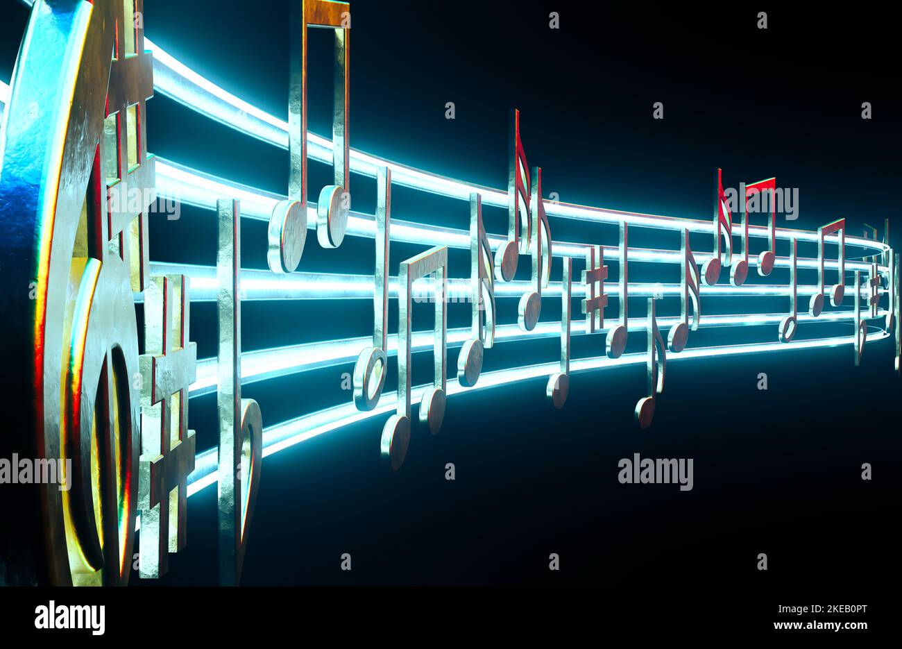 A wavy line of music made of gold metallic music symbols and notes and ...