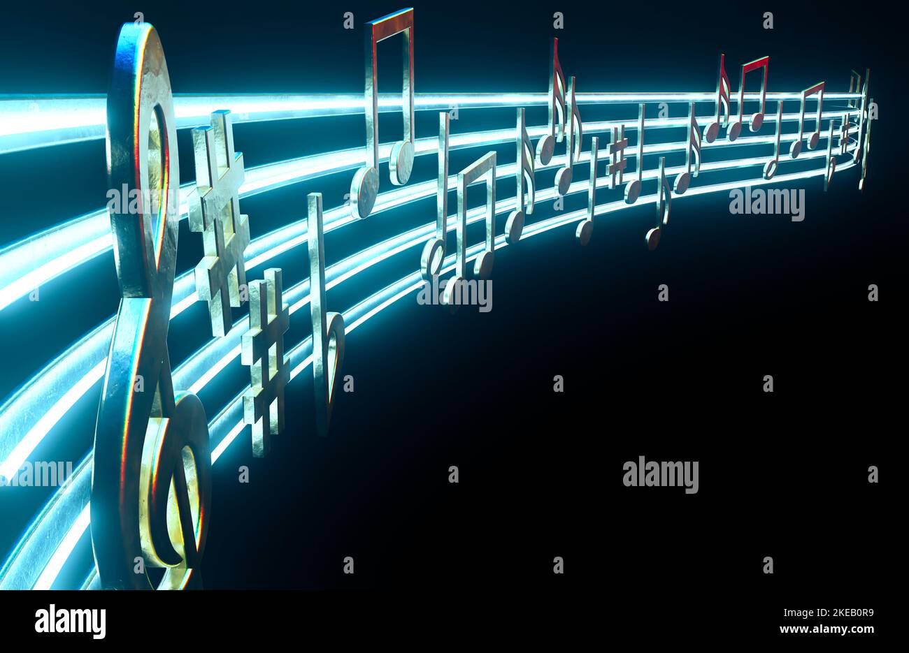 A wavy line of music made of gold metallic music symbols and notes and ...