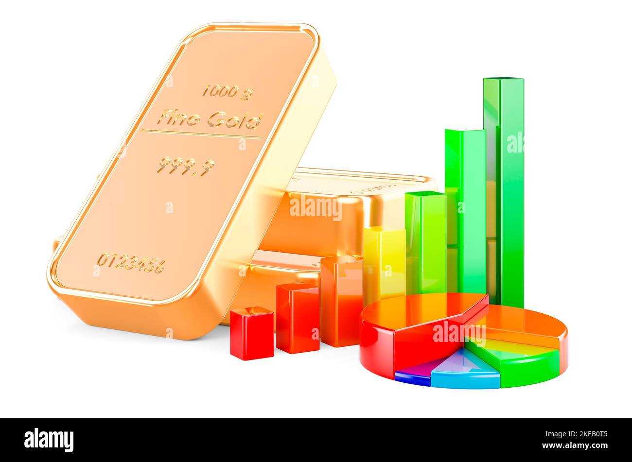 Gold ingots with growth bar graph and pie chart, 3D rendering isolated ...