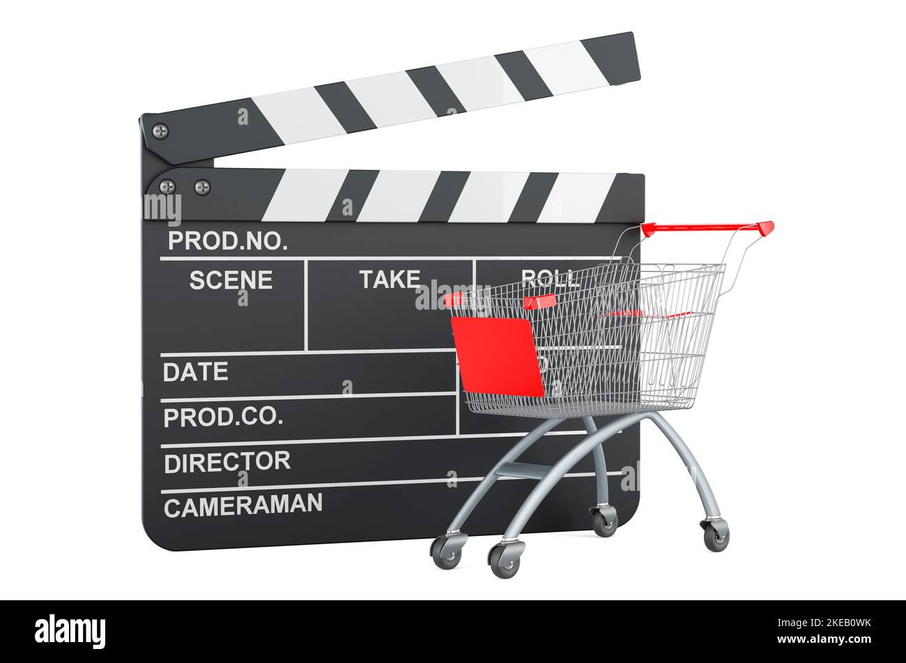 Shopping cart with movie clapper. 3D rendering isolated on white ...