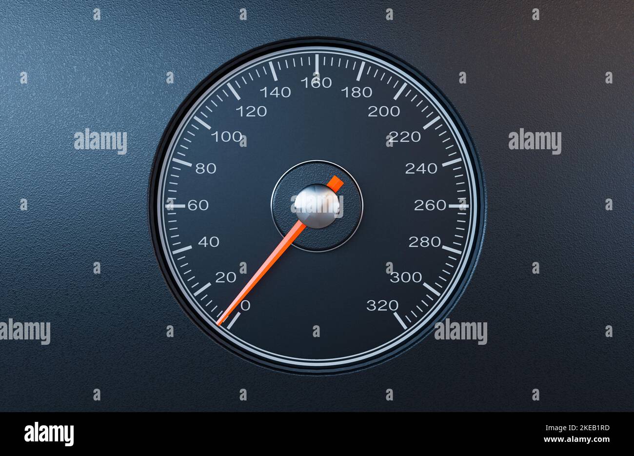 A regular car speedometer with an orange needle pointing towards a slow ...