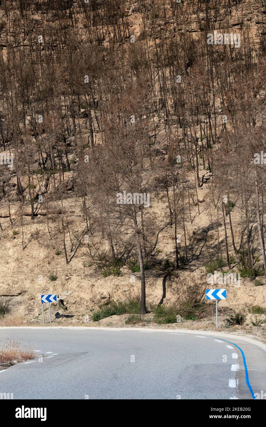 Road route that crosses area burned by recent fire, traffic signs warn ...