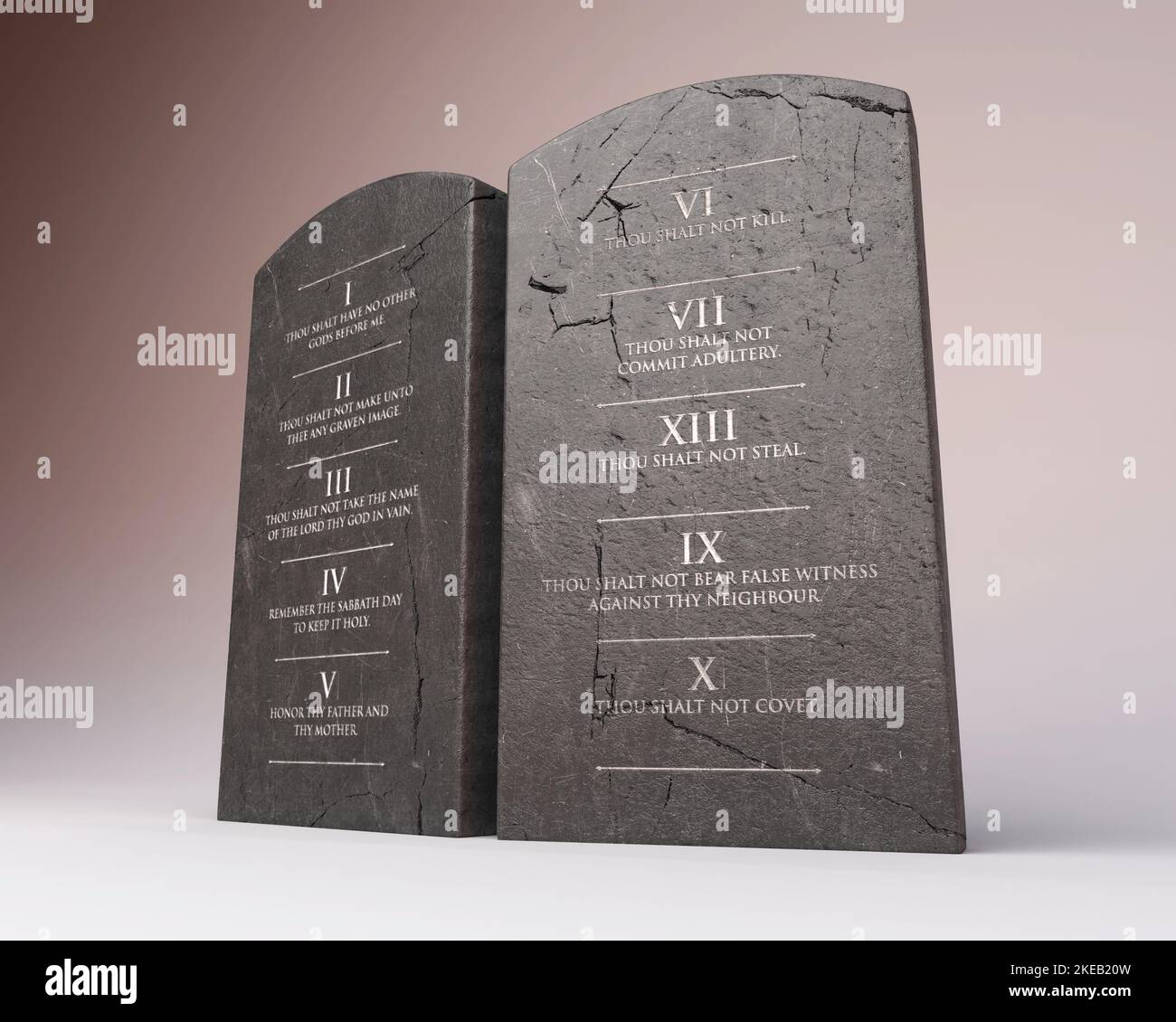 Two cracked stone tablets with the ten commandments etched into them on ...