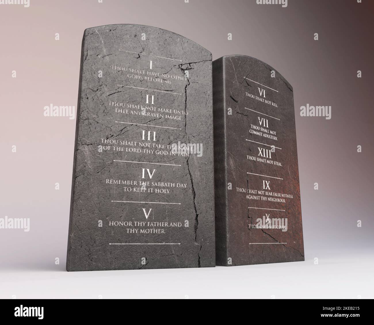 Two cracked stone tablets with the ten commandments etched into them on ...